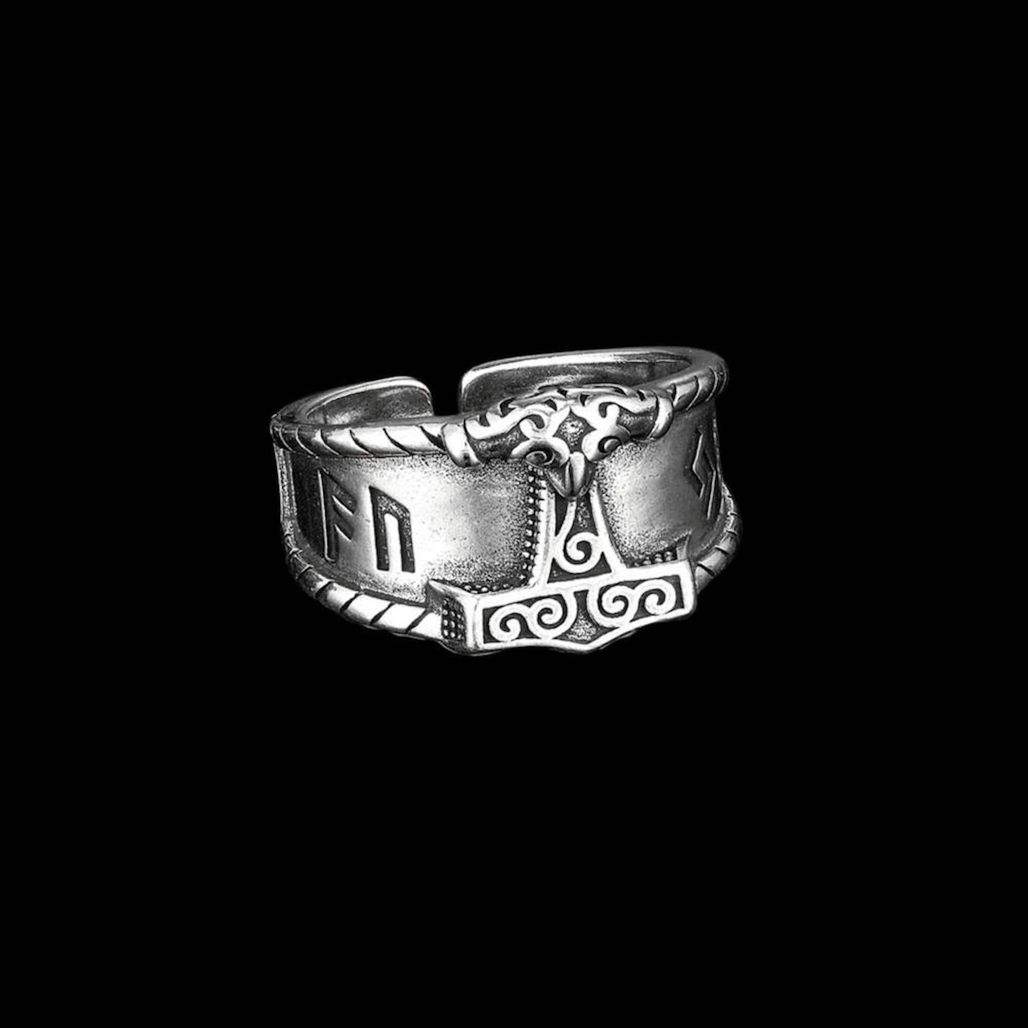 Mjolnir and Runes Bold Ring - Viking Jewelry
