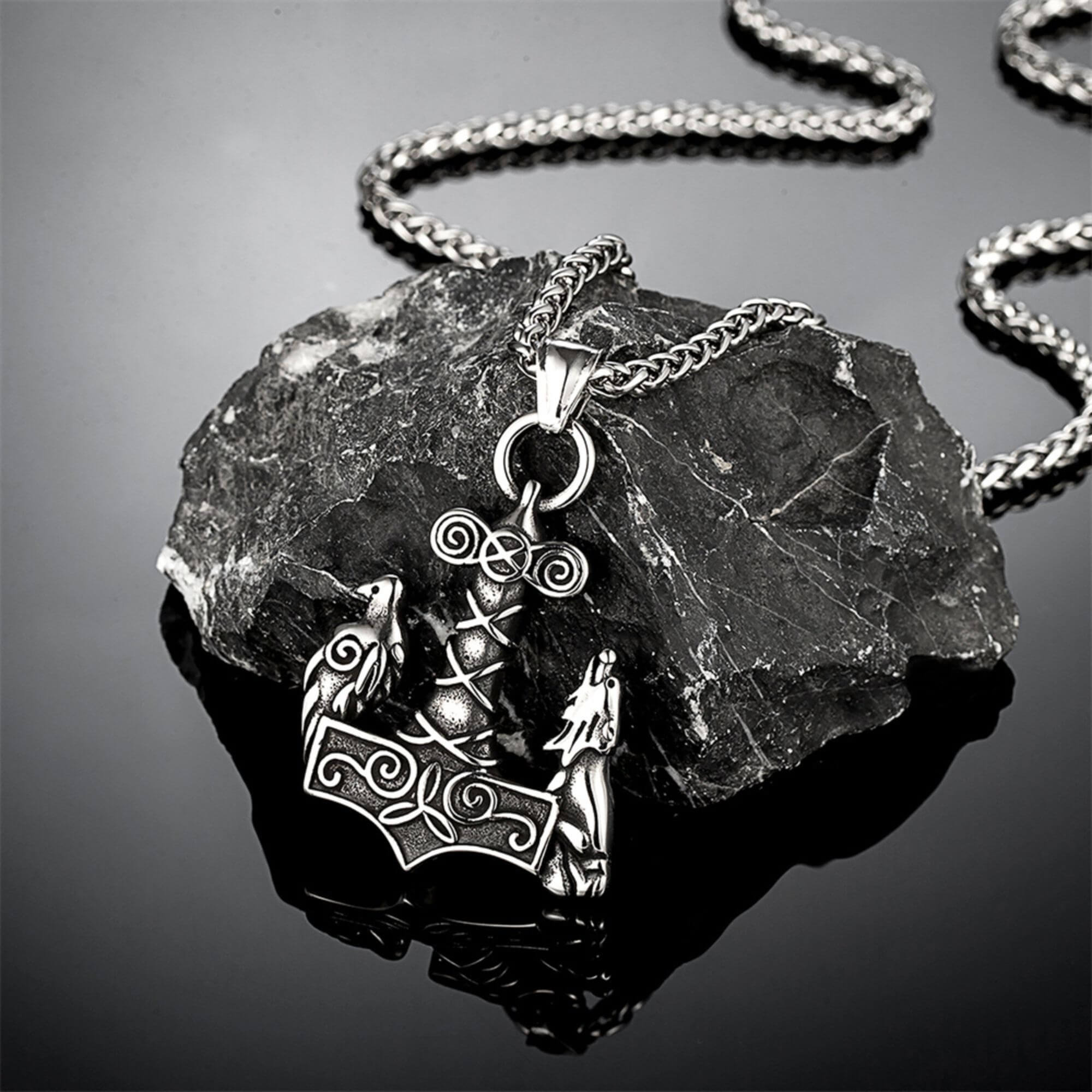 Odin's Raven and Wolf on Mjölnir Necklace - Odin's Treasures