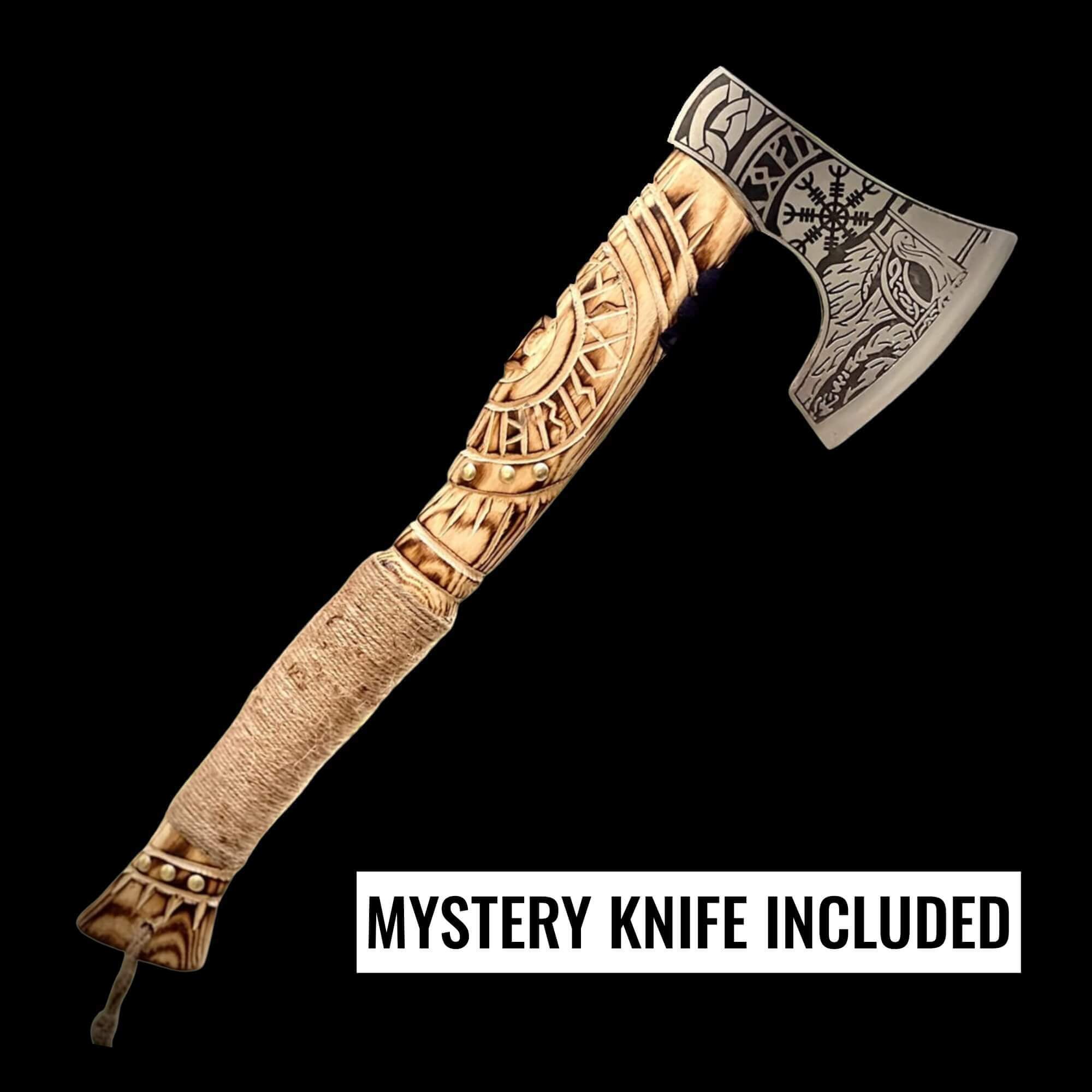 Handmade Battle Axe with Etched Norse Symbols (Mystery Knife Included)